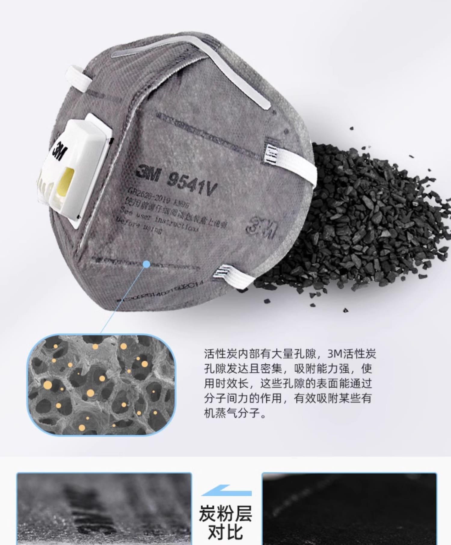 3M 9541V 防颗粒物口罩 （呼气阀、耳带式、活性炭、减除有机蒸气异味、中国KN95认证）